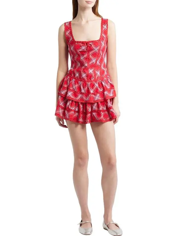 LoveShackFancy Torres Metallic Plaid Mini Dress - Cherry Jubilee