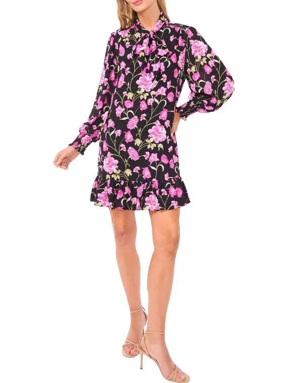 CECE DUPRAZ Floral Tie Neck Long Sleeve Dress - Rich Black
