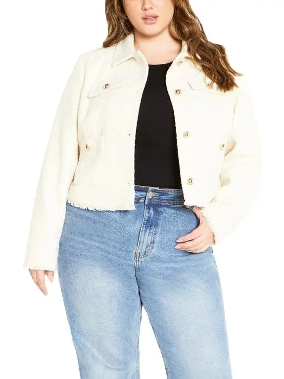 City Chic Mariah Fray Hem Tweed Jacket - Ivory