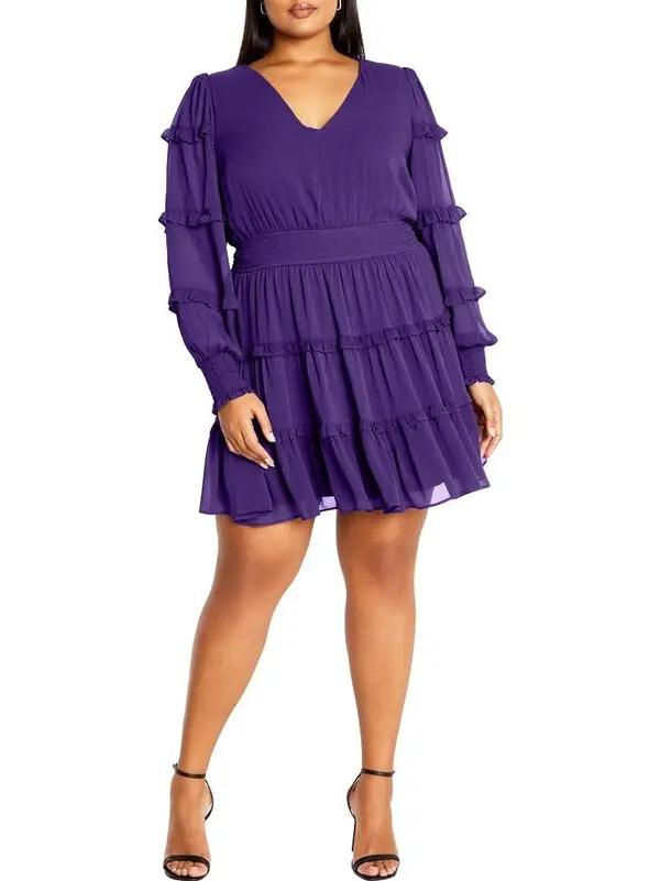 City Chic Daisy June Tiered Long Sleeve Dress - Purple