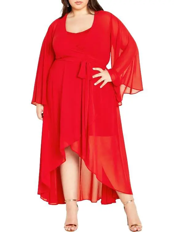 City Chic Long Sleeve Chiffon Wrap Dress - Red