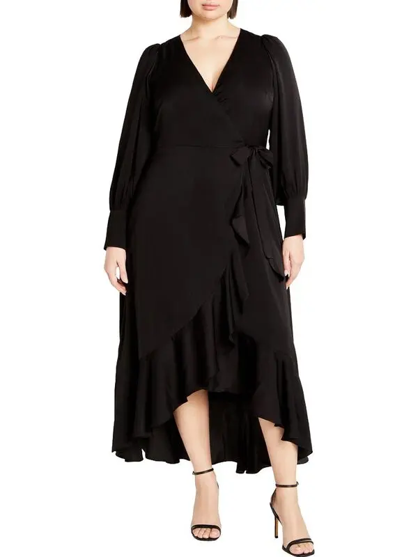 City Chic Oki Long Sleeve Wrap Dress - Black