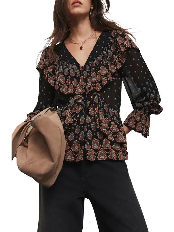 Mint Velvet Printed Ruffle Blouse - Black