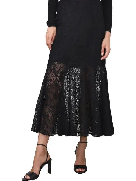 Mint Velvet Lace Fluted Hem Midi Skirt - Black