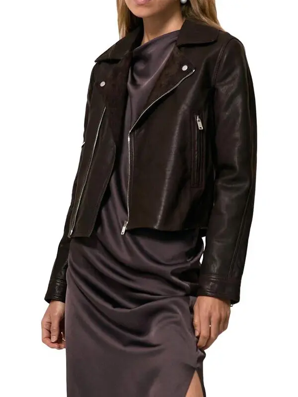 REISS Lidia Leather Moto Jacket - Chocolate Brown