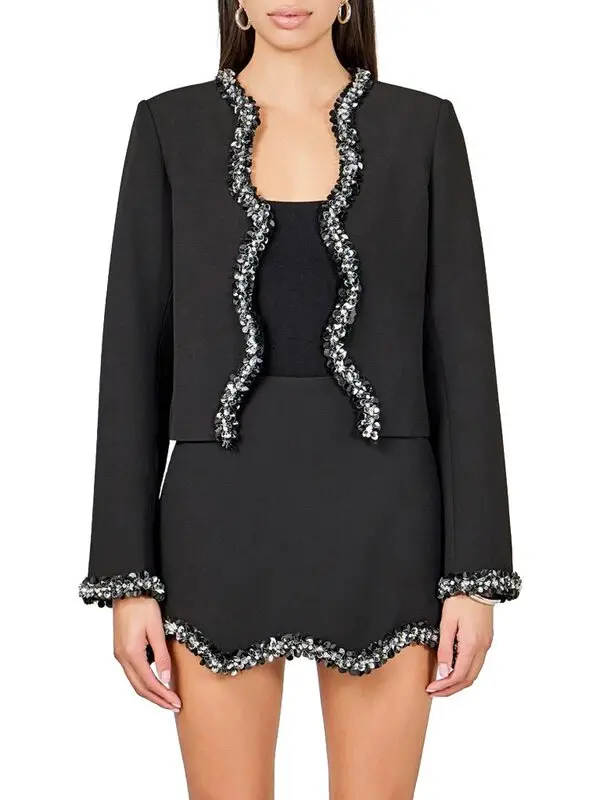 Endless Rose Rhinestone Scallop Edge Jacket - Black