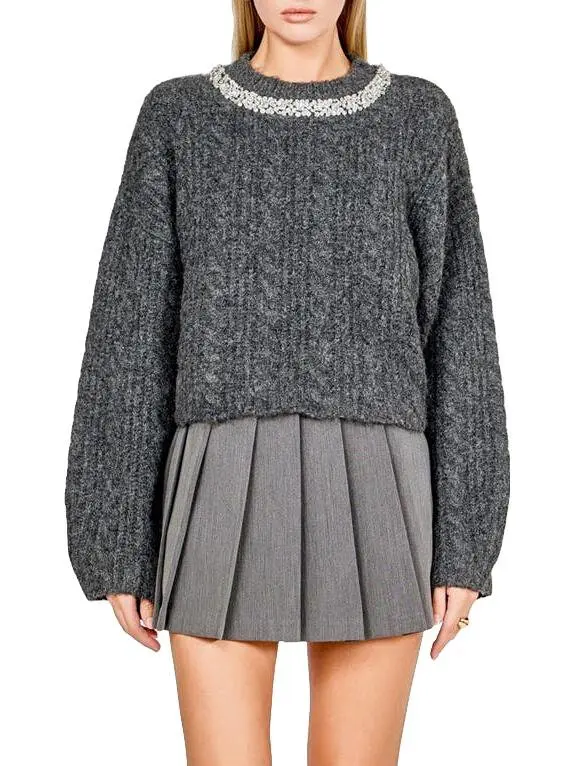 Endless Rose Jewel Fuzzy Cable Stitch Sweater - Charcoal