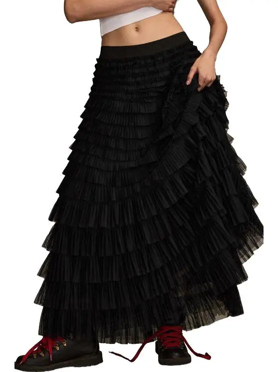 Lucky Brand Tiered Ruffle Tulle Maxi Skirt - Caviar