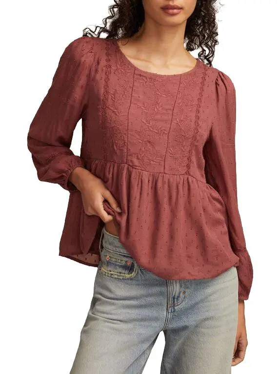 Lucky Brand Embroidered Clip Dot Peplum Top - Rose Brown