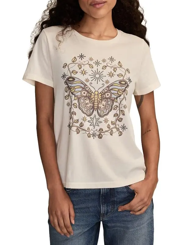 Lucky Brand Stud Embellished Butterfly Graphic T-shirt - Canoli Cream