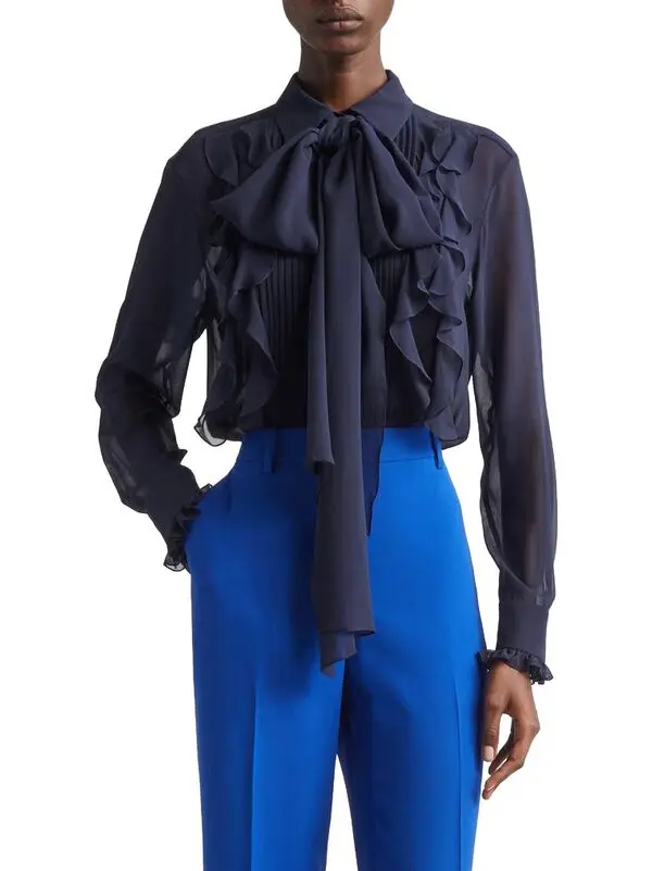 Lafayette 148 New York Ruffle Tie Neck Silk Georgette Shirt - Ink