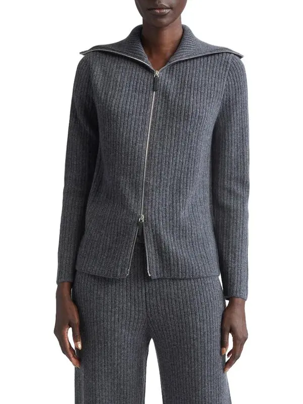 Lafayette 148 New York Mixed Stitch Zip Cardigan - Graphite Melange