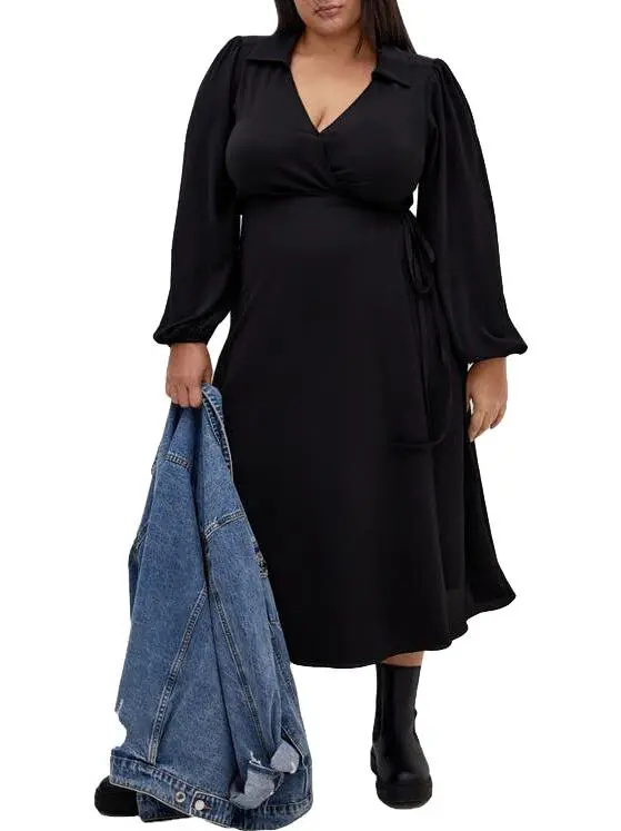 City Chic Arizona Long Sleeve Wrap Midi Dress - Black