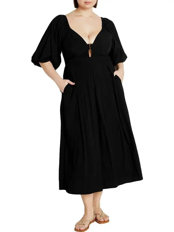 City Chic Shae Keyhole Balloon Sleeve Midi Dress - Black