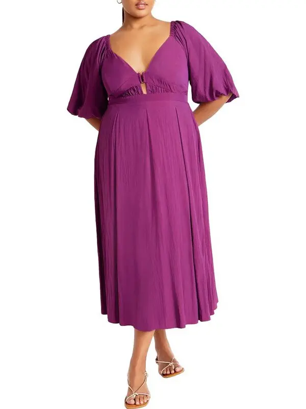 City Chic Shae Keyhole Balloon Sleeve Midi Dress - Magenta