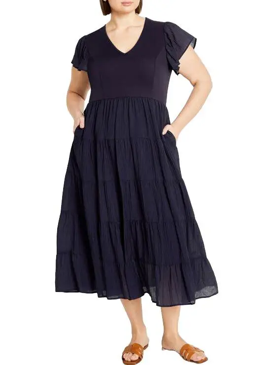 City Chic Marli Mixed Media Midi Dress - Navy