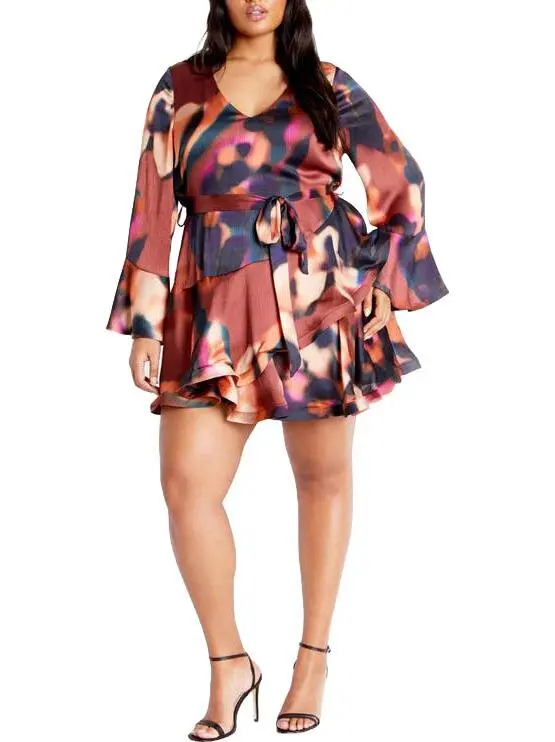City Chic Cherrie Tie Belt Long Sleeve Satin Minidress - Illusion