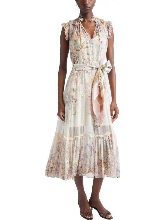 Zimmermann Rebellion Flutter Floral Chiffon Midi Dress - Cream Aviary