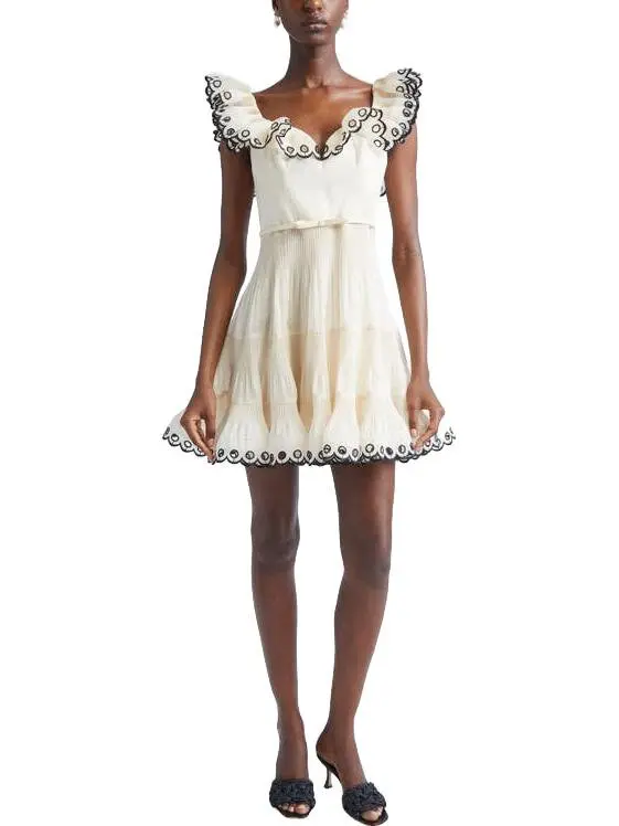 Zimmermann Scalloped Eyelet Trim Belted Minidress - Cream