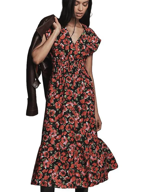 Maeve Cap-sleeve V-neck Smocked Midi Dress - Red Pattern