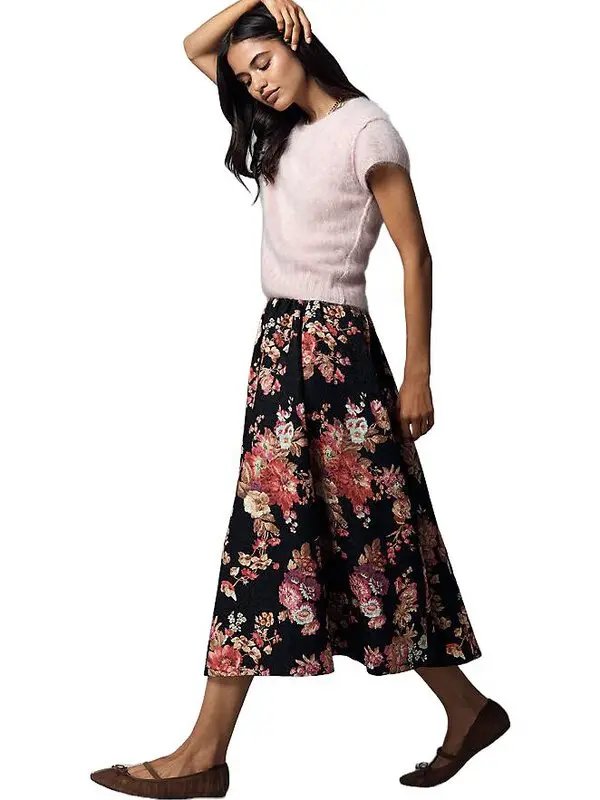 Maeve Floral Jacquard Midi Skirt - Black Floral