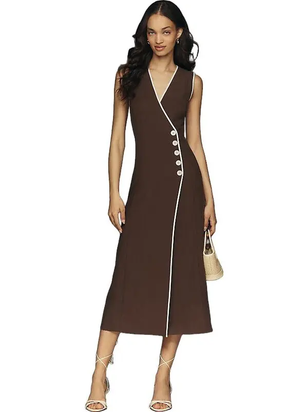 MARE MARE Sleeveless Linen Blend Wrap Midi Dress - Hot Fudge