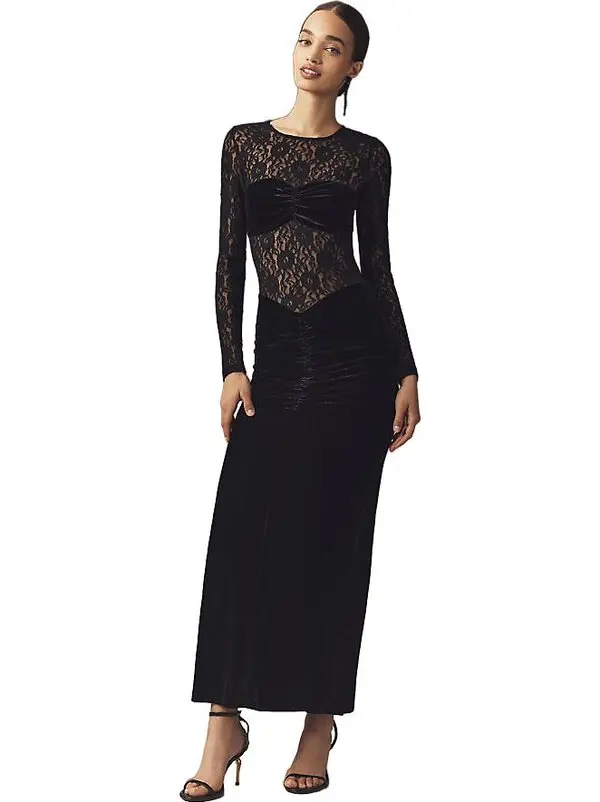 Bardot Helenie Long-sleeve Velvet Lace Maxi Dress - Black