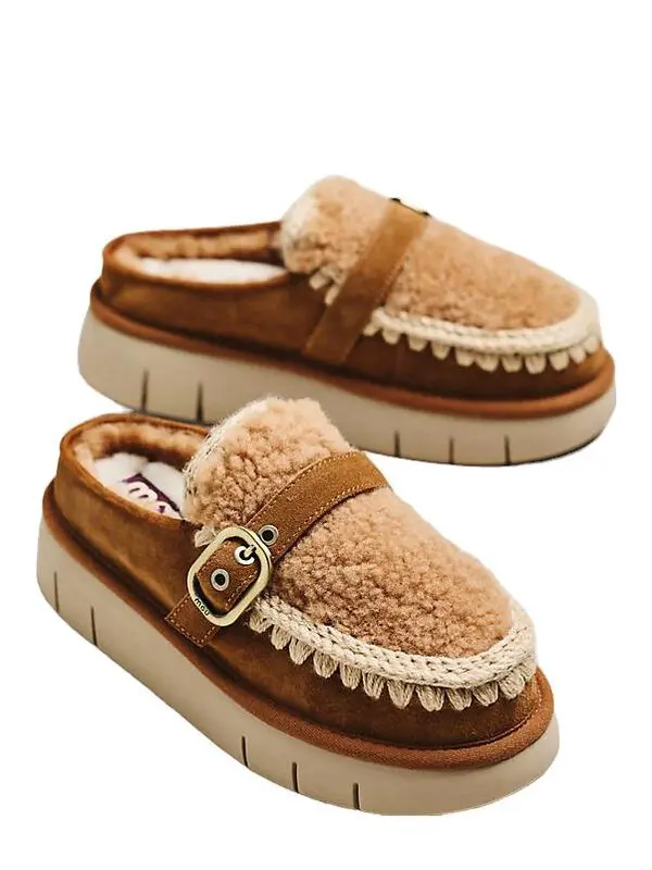 Mou Buckle Sheepskin Slippers - Cognac
