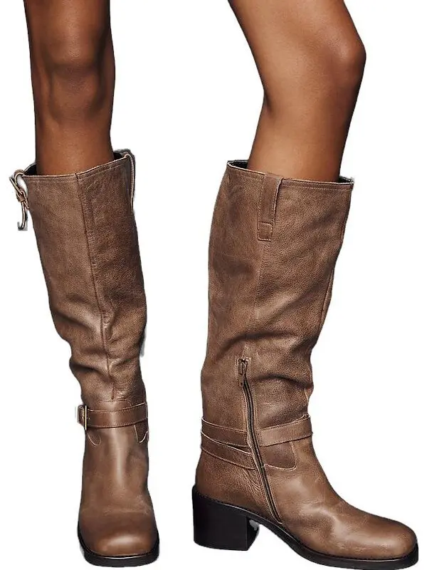 Maeve Buckle Block-heel Boots - Taupe Suede