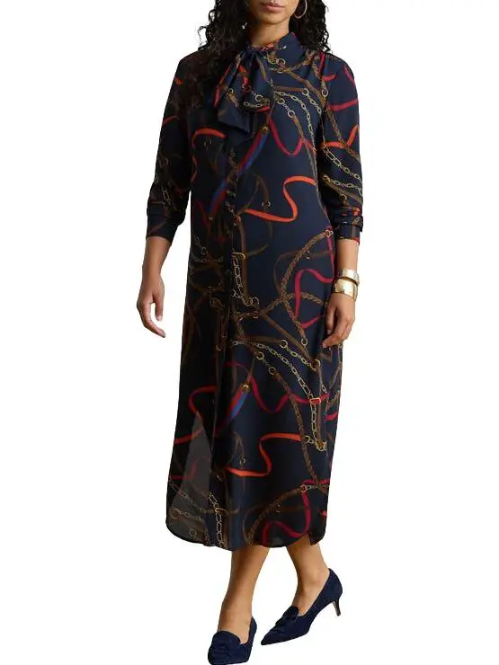Ralph Lauren Chain Print Tie Waist Long Sleeve Shirt Dress - Navy Multi