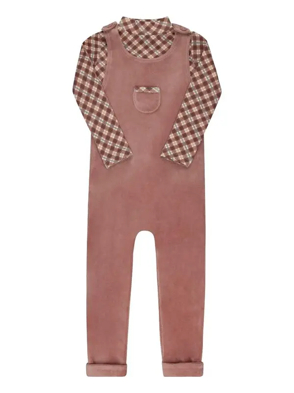 ELY'S & CO. Velour Plaid Bear Overalls And Turtleneck Set - Pink