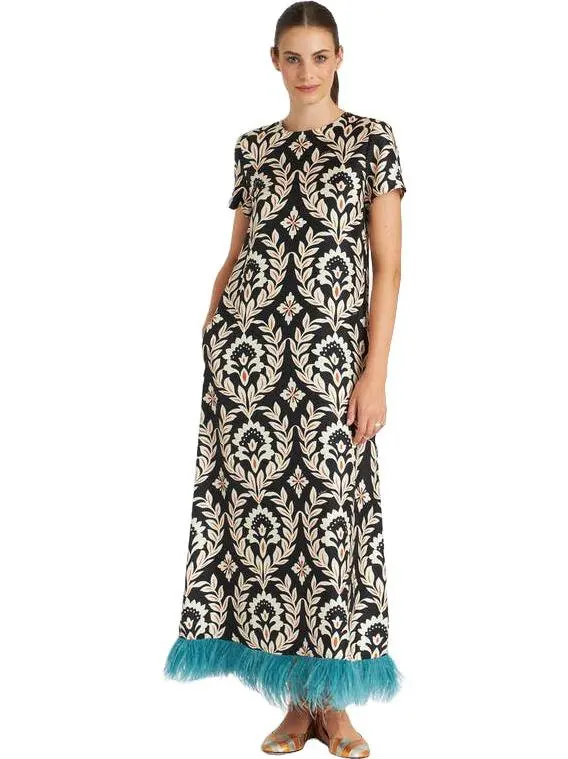 La DoubleJ Printed Feather Trimmed Silk Dress - Ghirlanda Black