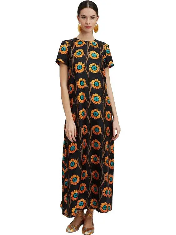 La DoubleJ Floral Printed Maxi Swing Dress - Daisychain Black