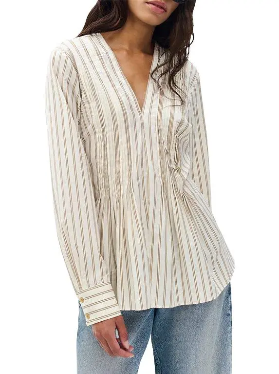Rag & Bone Asher Stripe Pleated Cotton Blouse - Brown Stripe