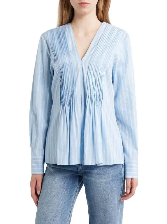Rag & Bone Asher Stripe Pleated Cotton Blouse - Light Blue Stripe