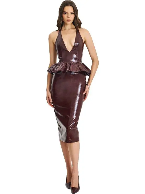 MISS CIRCLE Ruched Peplum Plunge Halter Midi Dress - Mahogany