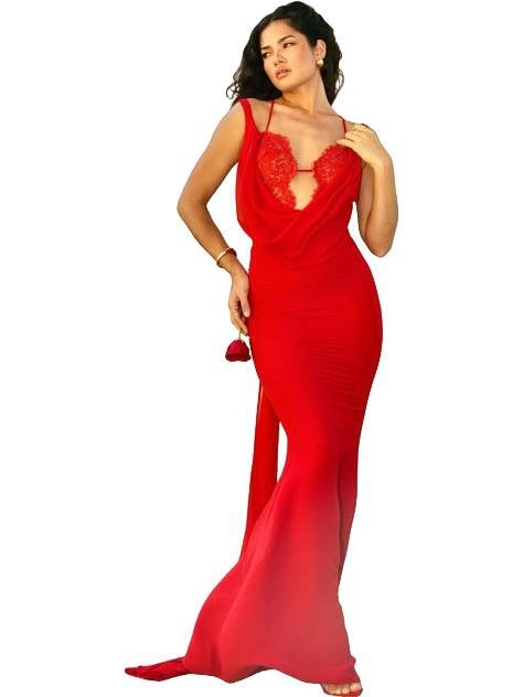 MISS CIRCLE NEW YORK Chiffon Lace Backless Maxi Train Dress - Red