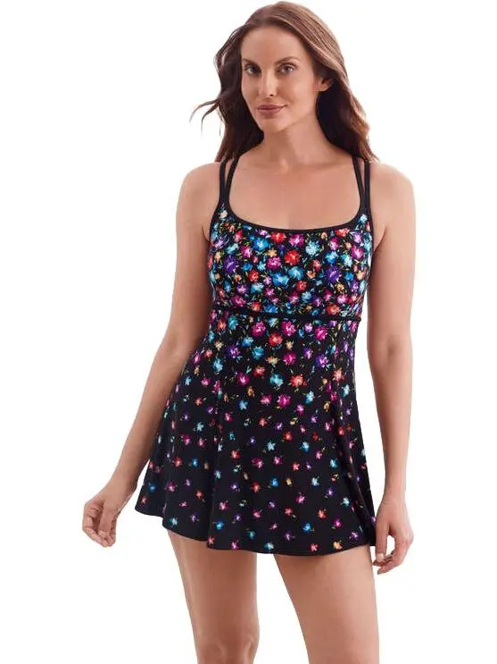 LONGITUDE Empire Princess Seam Long Torso Swim Dress - Flower Trail