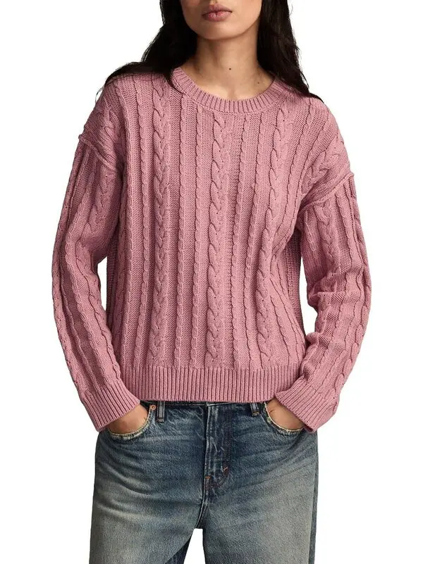 Lucky Brand Cable Stitch Crewneck Cotton Sweater - Lilas