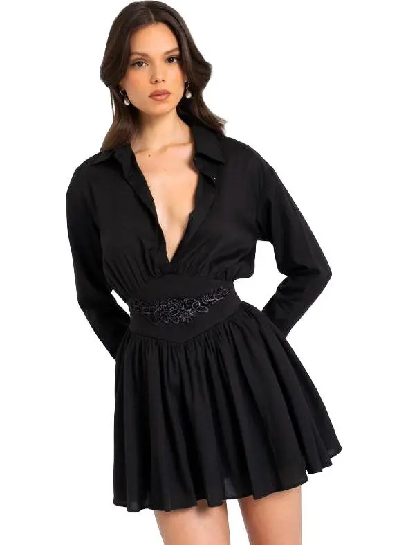 MISS CIRCLE Mini Shirt Dress With Corset Waist - Black