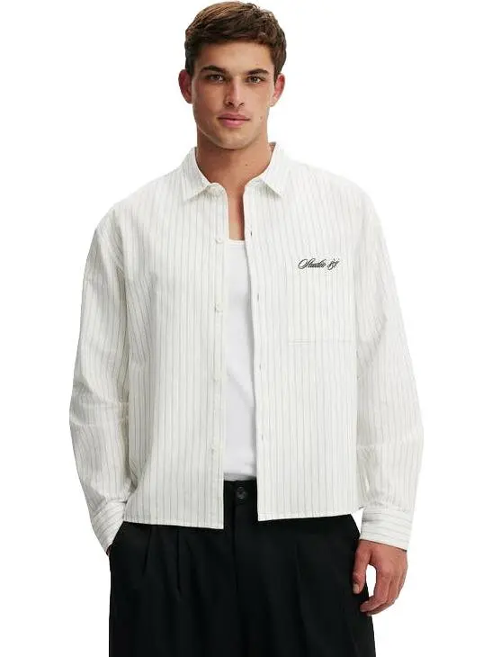 COTTON ON Bedford Long Sleeve Shirt - White Stripe Emb