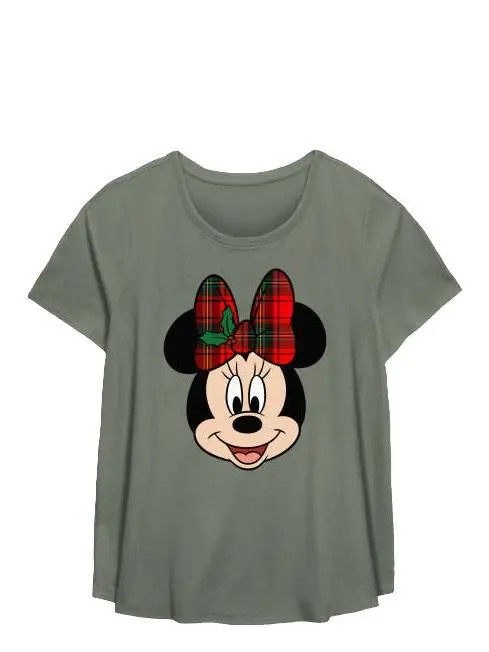 MICKEY & FRIENDS Christmas Minnie Plaid Bow Graphic T-shirt - Sage Green