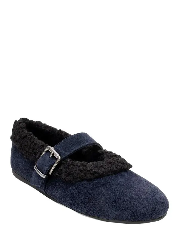 FOREVER & ALWAYS SHOES Guin Leather Strap Flat - Navy Suede Leather