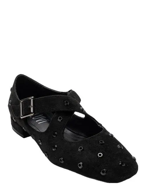 PROLOGUE SHOES Addison Cross Strap Mary Jane Shoes - Black Suede Faux Leather