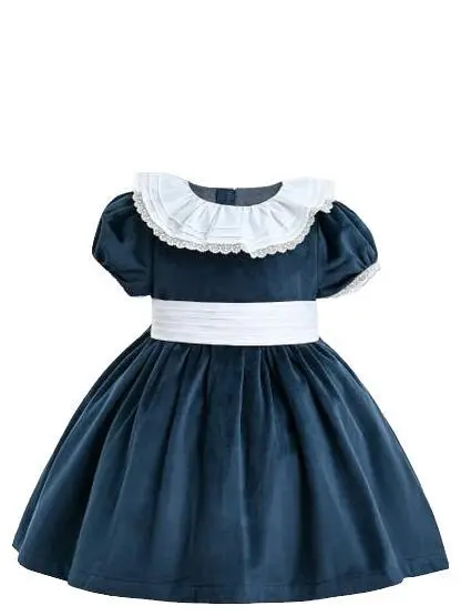 TULLEEN Velvet Dress With Lace Trim - Navy