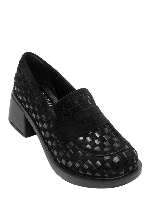 PROLOGUE SHOES Marlon Woven Block Heel Loafer - Black Faux Leather