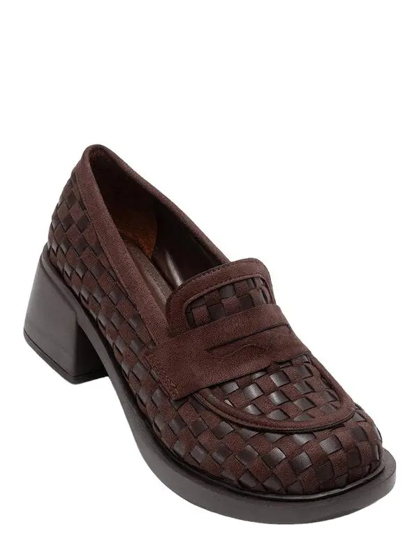 PROLOGUE SHOES Marlon Woven Block Heel Loafer - Brown Faux Leather