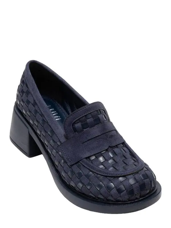 PROLOGUE SHOES Marlon Woven Block Heel Loafer - Navy Faux Leather
