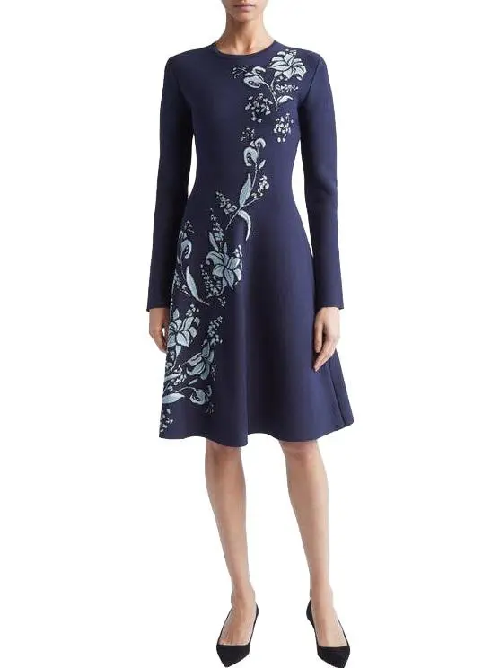 Lela Rose Peony Metallic Jacquard Fit & Flare Dress - Navy