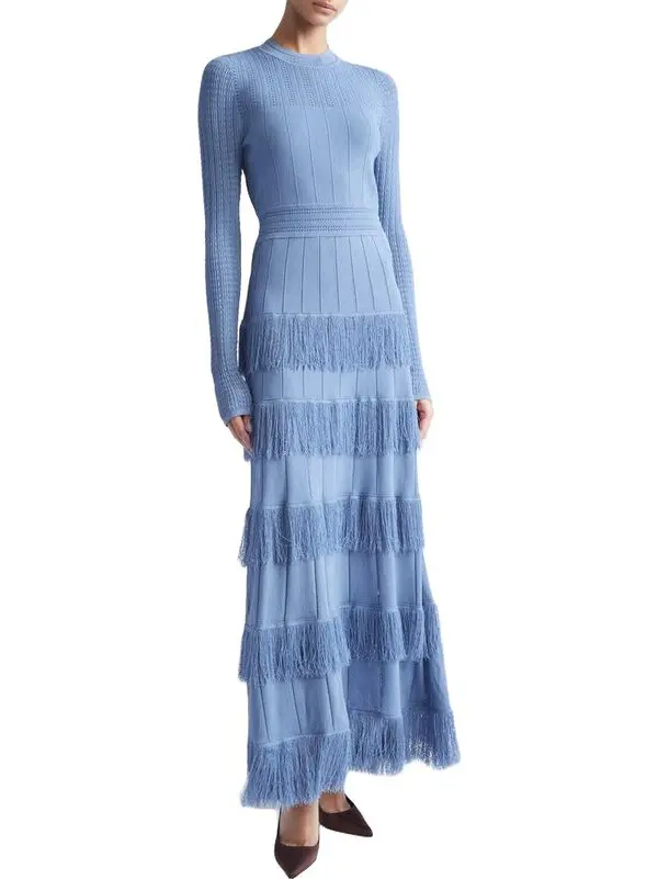 Lela Rose Piper Fringe Long-sleeve Sweater Dress - Cornflower